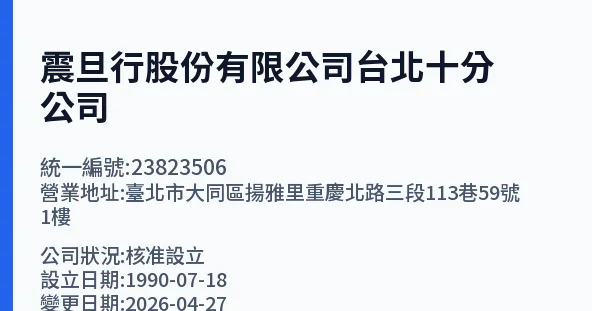 震旦行股份有限公司台北十分公司的照片-統編 23823506(臺北市) 公司登記資料與營業項目詳細圖表