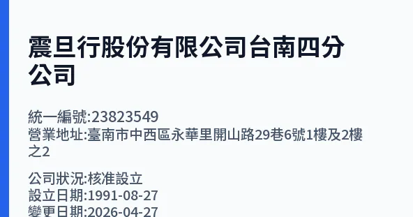 震旦行股份有限公司台南四分公司的照片-統編 23823549(臺南市) 公司登記資料與營業項目詳細圖表