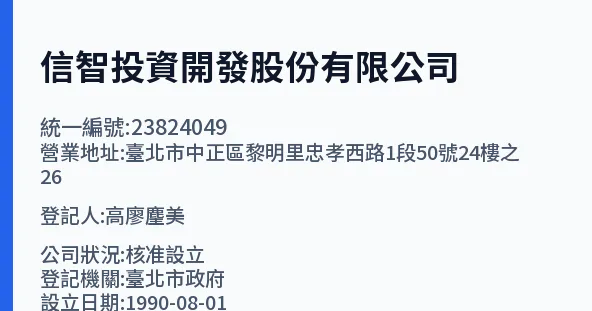 信智投資開發股份有限公司的照片-統編 23824049(臺北市) 公司登記資料與營業項目詳細圖表