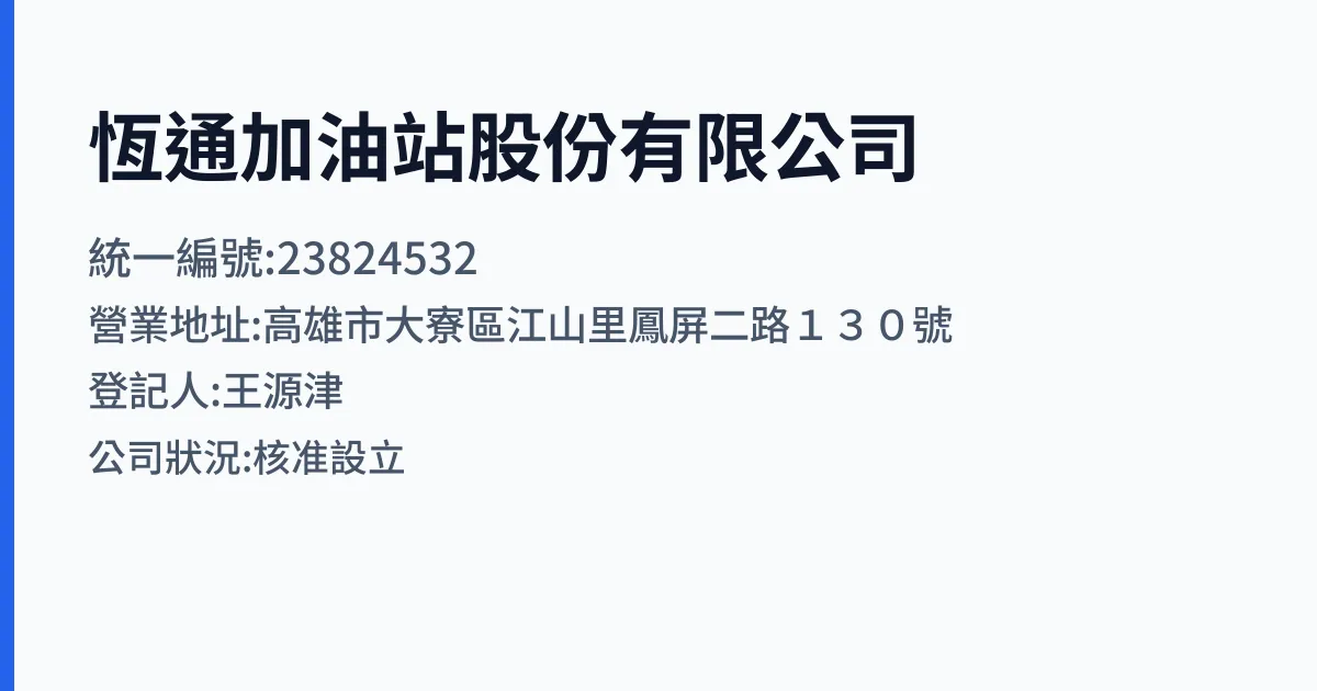 恆通加油站股份有限公司 - 統編 23824532(高雄市) 公司登記資料與營業項目詳細圖表