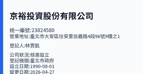 京裕投資股份有限公司的照片-統編 23824580(臺北市) 公司登記資料與營業項目詳細圖表
