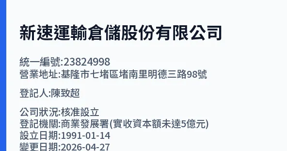 新速運輸倉儲股份有限公司的照片-統編 23824998(基隆市) 公司登記資料與營業項目詳細圖表