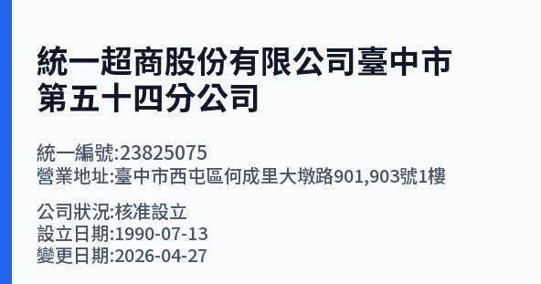 統一超商股份有限公司臺中市第五十四分公司的照片-統編 23825075(臺中市) 公司登記資料與營業項目詳細圖表