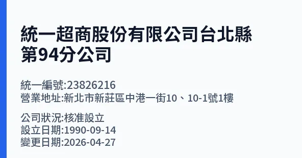 統一超商股份有限公司台北縣第94分公司的照片-統編 23826216(新北市) 公司登記資料與營業項目詳細圖表