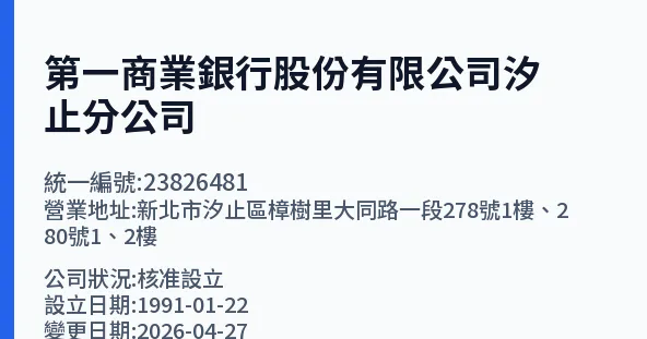 第一商業銀行股份有限公司汐止分公司的照片-統編 23826481(新北市) 公司登記資料與營業項目詳細圖表