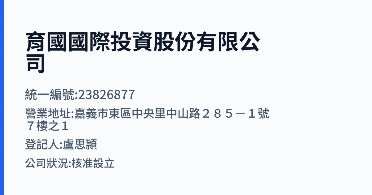 育國國際投資股份有限公司 - 統編 23826877(嘉義市) 公司登記資料與營業項目詳細圖表
