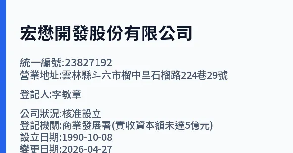 宏懋開發股份有限公司的照片-統編 23827192(雲林縣) 公司登記資料與營業項目詳細圖表