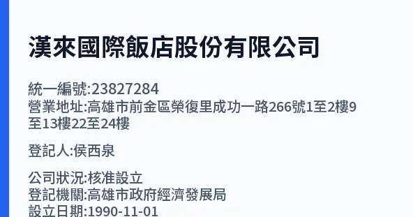 漢來國際飯店股份有限公司的照片-統編 23827284(高雄市) 公司登記資料與營業項目詳細圖表