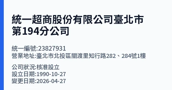統一超商股份有限公司臺北市第194分公司的照片-統編 23827931(臺北市) 公司登記資料與營業項目詳細圖表