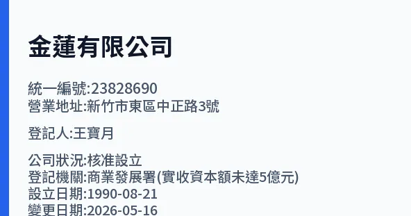 金蓮有限公司的照片-統編 23828690(新竹市) 公司登記資料與營業項目詳細圖表