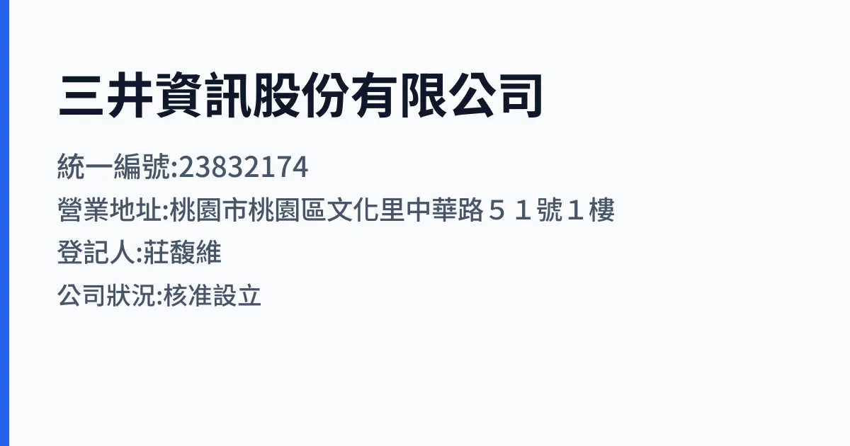 三井資訊股份有限公司 - 統編 23832174(桃園市) 公司登記資料與營業項目詳細圖表