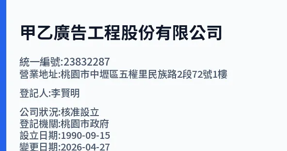 甲乙廣告工程股份有限公司的照片-統編 23832287(桃園市) 公司登記資料與營業項目詳細圖表