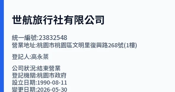 世航旅行社有限公司的照片-統編 23832548(桃園市) 公司登記資料與營業項目詳細圖表