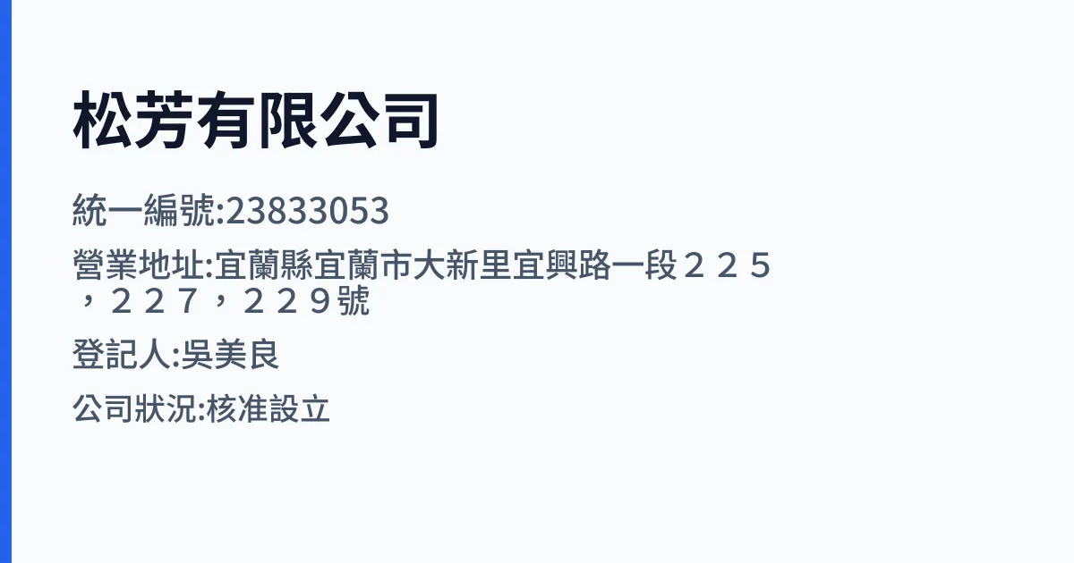 松芳有限公司 - 統編 23833053(宜蘭縣) 公司登記資料與營業項目詳細圖表