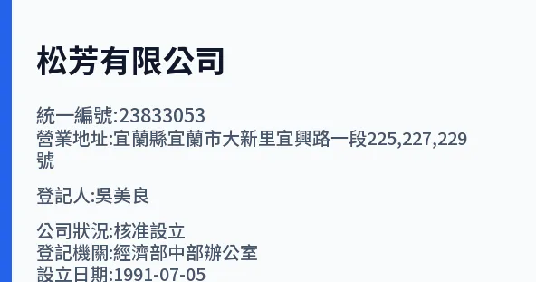 松芳有限公司的照片-統編 23833053(宜蘭縣) 公司登記資料與營業項目詳細圖表