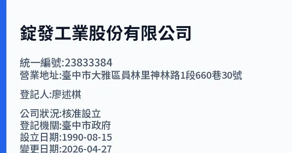 錠發工業股份有限公司的照片-統編 23833384(臺中市) 公司登記資料與營業項目詳細圖表