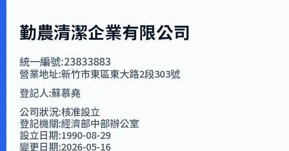 勤農清潔企業有限公司的照片-統編 23833883(新竹市) 公司登記資料與營業項目詳細圖表
