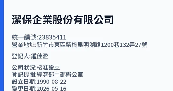 潔保企業股份有限公司的照片-統編 23835411(新竹市) 公司登記資料與營業項目詳細圖表