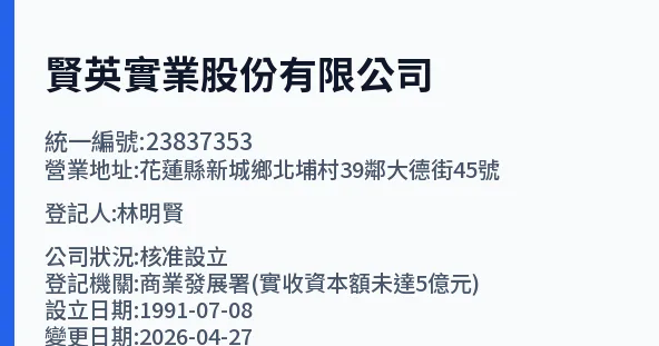 賢英實業股份有限公司的照片-統編 23837353(花蓮縣) 公司登記資料與營業項目詳細圖表