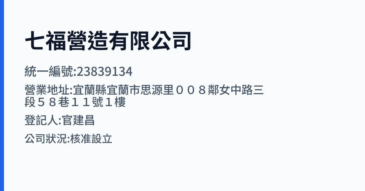 七福營造有限公司 - 統編 23839134(宜蘭縣) 公司登記資料與營業項目詳細圖表