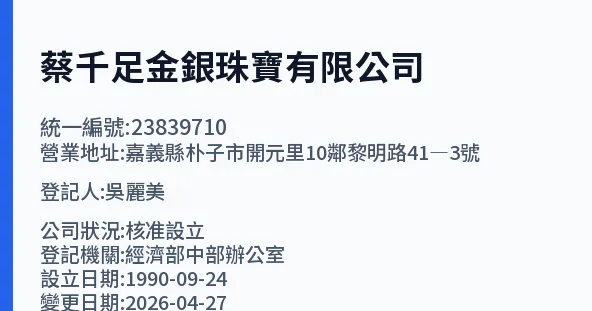 蔡千足金銀珠寶有限公司的照片-統編 23839710(嘉義縣) 公司登記資料與營業項目詳細圖表