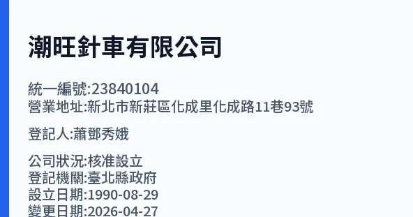 潮旺針車有限公司的照片-統編 23840104(新北市) 公司登記資料與營業項目詳細圖表