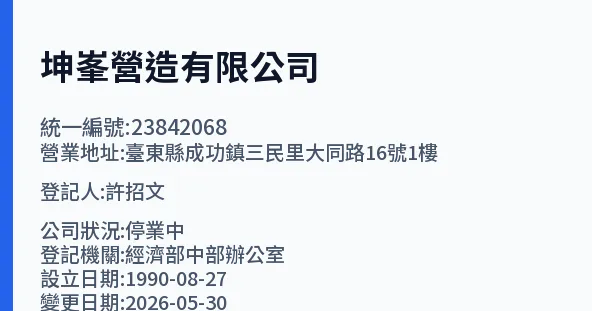 坤峯營造有限公司的照片-統編 23842068(臺東縣) 公司登記資料與營業項目詳細圖表