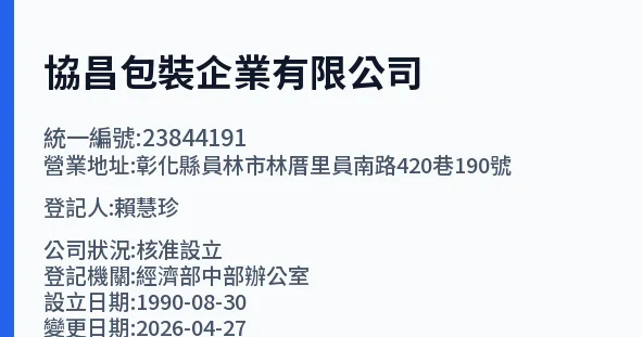 協昌包裝企業有限公司的照片-統編 23844191(彰化縣) 公司登記資料與營業項目詳細圖表