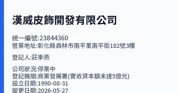 漢威皮飾開發有限公司的照片-統編 23844360(彰化縣) 公司登記資料與營業項目詳細圖表