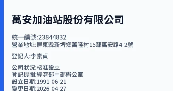 萬安加油站股份有限公司的照片-統編 23844832(屏東縣) 公司登記資料與營業項目詳細圖表
