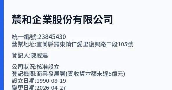 辳和企業股份有限公司的照片-統編 23845430(宜蘭縣) 公司登記資料與營業項目詳細圖表