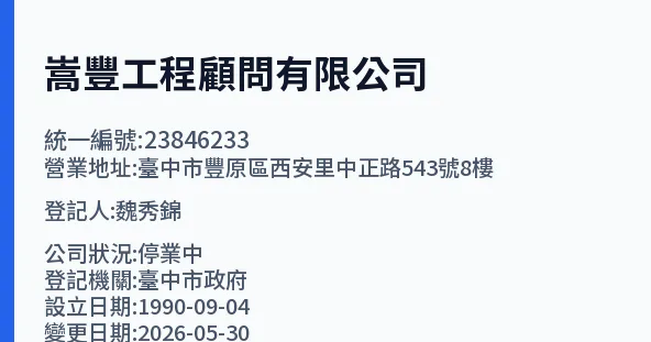 嵩豐工程顧問有限公司的照片-統編 23846233(臺中市) 公司登記資料與營業項目詳細圖表