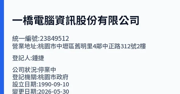 一橋電腦資訊股份有限公司的照片-統編 23849512(桃園市) 公司登記資料與營業項目詳細圖表