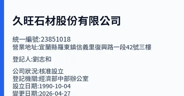 久旺石材股份有限公司的照片-統編 23851018(宜蘭縣) 公司登記資料與營業項目詳細圖表