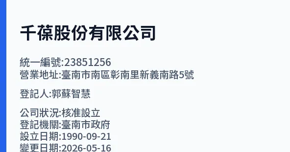 千葆股份有限公司的照片-統編 23851256(臺南市) 公司登記資料與營業項目詳細圖表