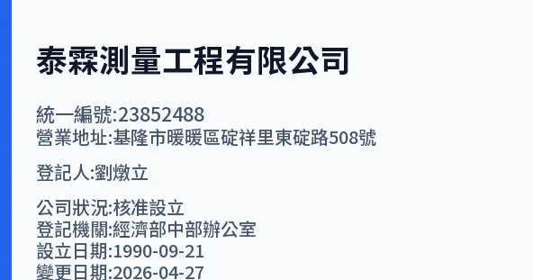 泰霖測量工程有限公司的照片-統編 23852488(基隆市) 公司登記資料與營業項目詳細圖表