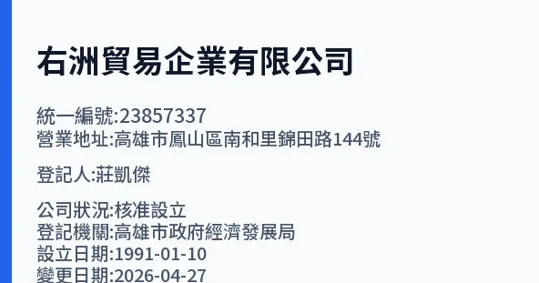 右洲貿易企業有限公司的照片-統編 23857337(高雄市) 公司登記資料與營業項目詳細圖表