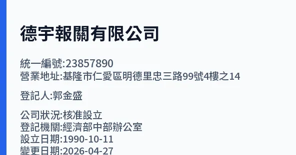 德宇報關有限公司的照片-統編 23857890(基隆市) 公司登記資料與營業項目詳細圖表