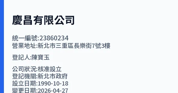 慶昌有限公司的照片-統編 23860234(新北市) 公司登記資料與營業項目詳細圖表