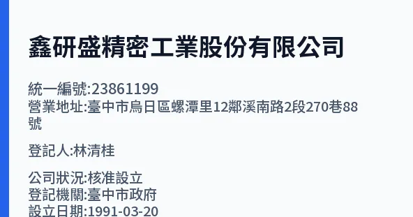 鑫研盛精密工業股份有限公司的照片-統編 23861199(臺中市) 公司登記資料與營業項目詳細圖表