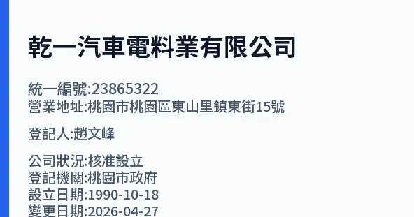 乾一汽車電料業有限公司的照片-統編 23865322(桃園市) 公司登記資料與營業項目詳細圖表