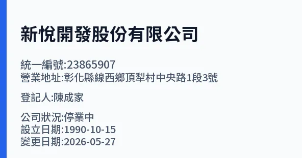 新悅開發股份有限公司的照片-統編 23865907(彰化縣) 公司登記資料與營業項目詳細圖表