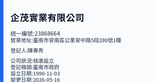 企茂實業有限公司的照片-統編 23868664(臺南市) 公司登記資料與營業項目詳細圖表