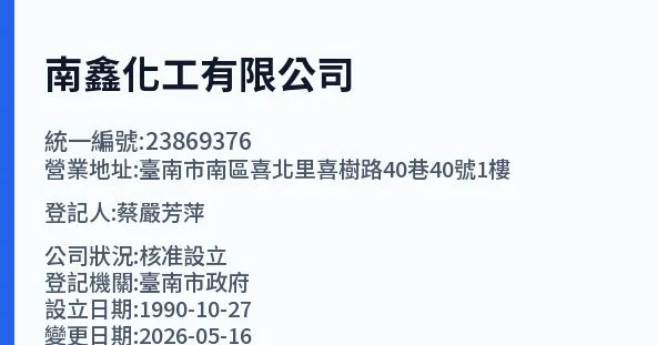 南鑫化工有限公司的照片-統編 23869376(臺南市) 公司登記資料與營業項目詳細圖表