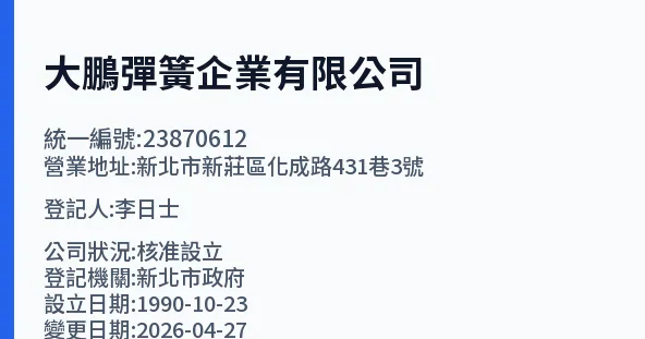 大鵬彈簧企業有限公司的照片-統編 23870612(新北市) 公司登記資料與營業項目詳細圖表