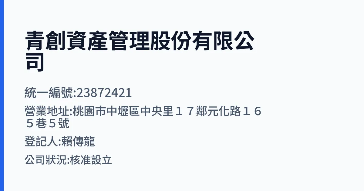 青創資產管理股份有限公司 - 統編 23872421(桃園市) 公司登記資料與營業項目詳細圖表