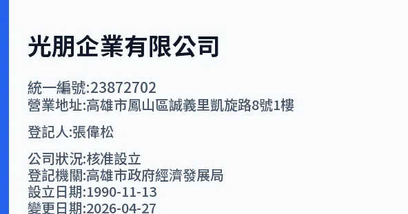 光朋企業有限公司的照片-統編 23872702(高雄市) 公司登記資料與營業項目詳細圖表