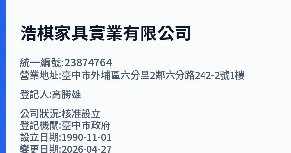 浩棋家具實業有限公司的照片-統編 23874764(臺中市) 公司登記資料與營業項目詳細圖表