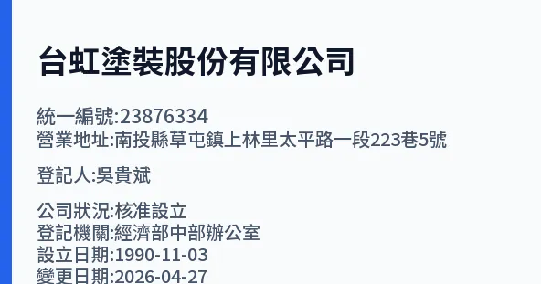 台虹塗裝股份有限公司的照片-統編 23876334(南投縣) 公司登記資料與營業項目詳細圖表