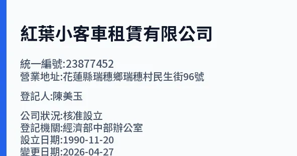 紅葉小客車租賃有限公司的照片-統編 23877452(花蓮縣) 公司登記資料與營業項目詳細圖表